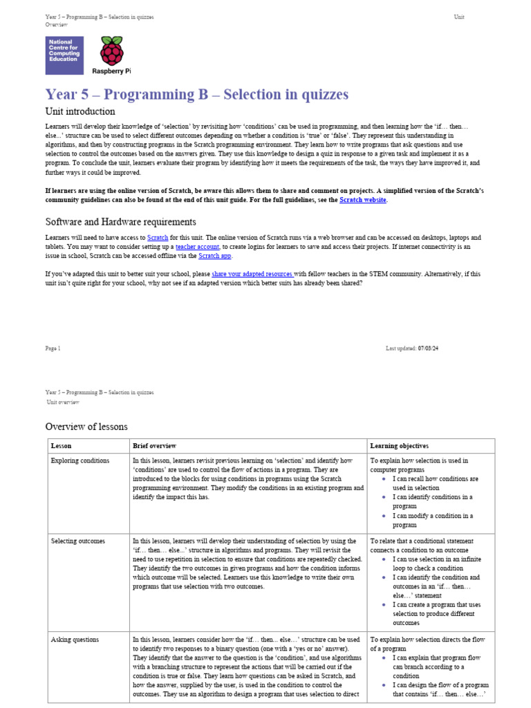 Unit Overview - Selection in Quizzes - Y5 | Download Free PDF | Control Flow | Learning