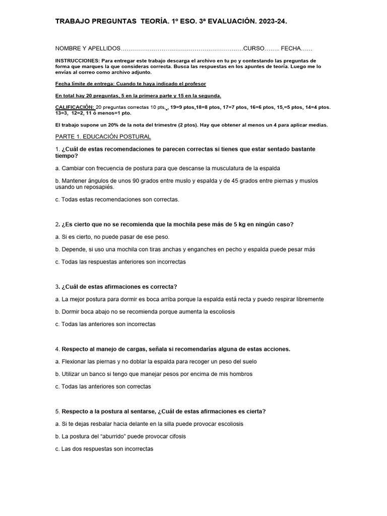 Trabajo Pregs Teoría 1º Eso 3º Trim 23-24 | PDF | Flexibilidad (anatomía) | Ejercicio aerobico