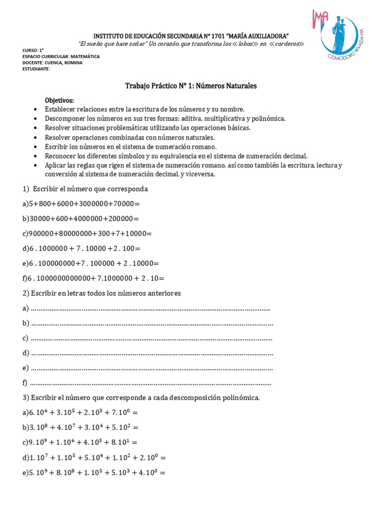 TP N - 1 Sistema de Numeraci-N Decimal y Romano | PDF | Notación | Notación Matemática