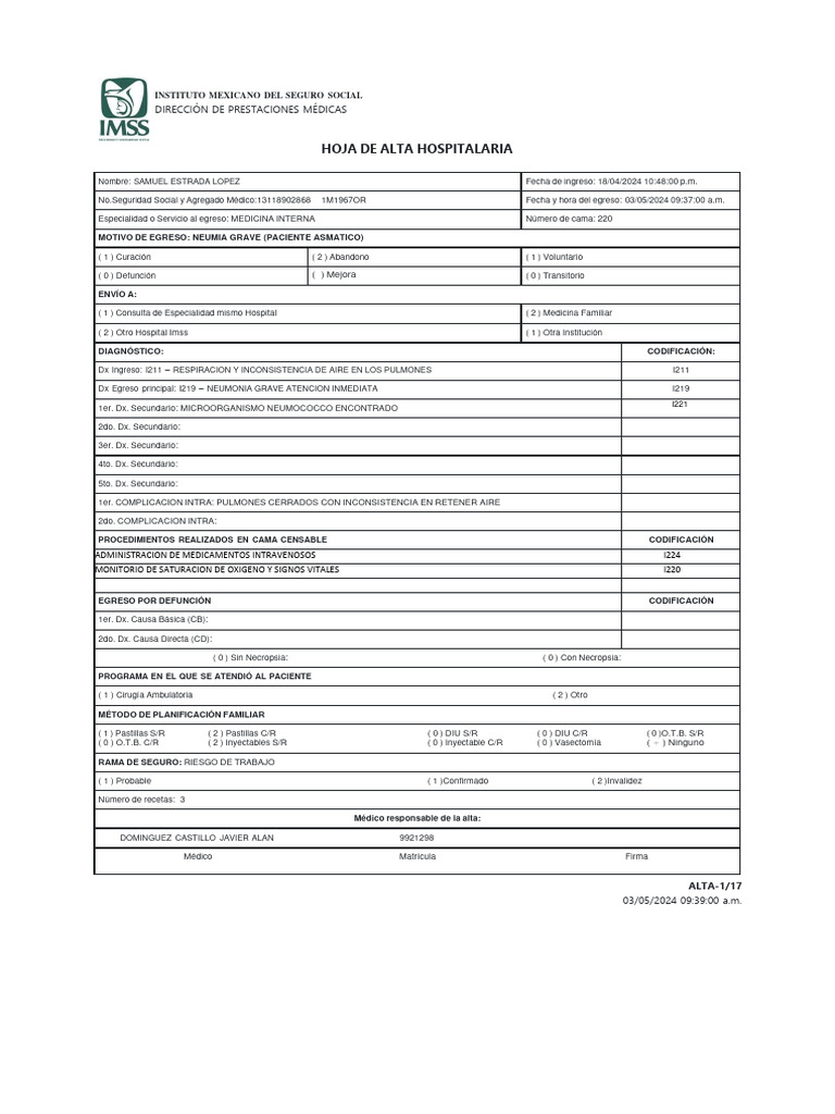 Hoja de Alta Hospitalaria IMSS | PDF | Hospital | Ciencias de la Salud