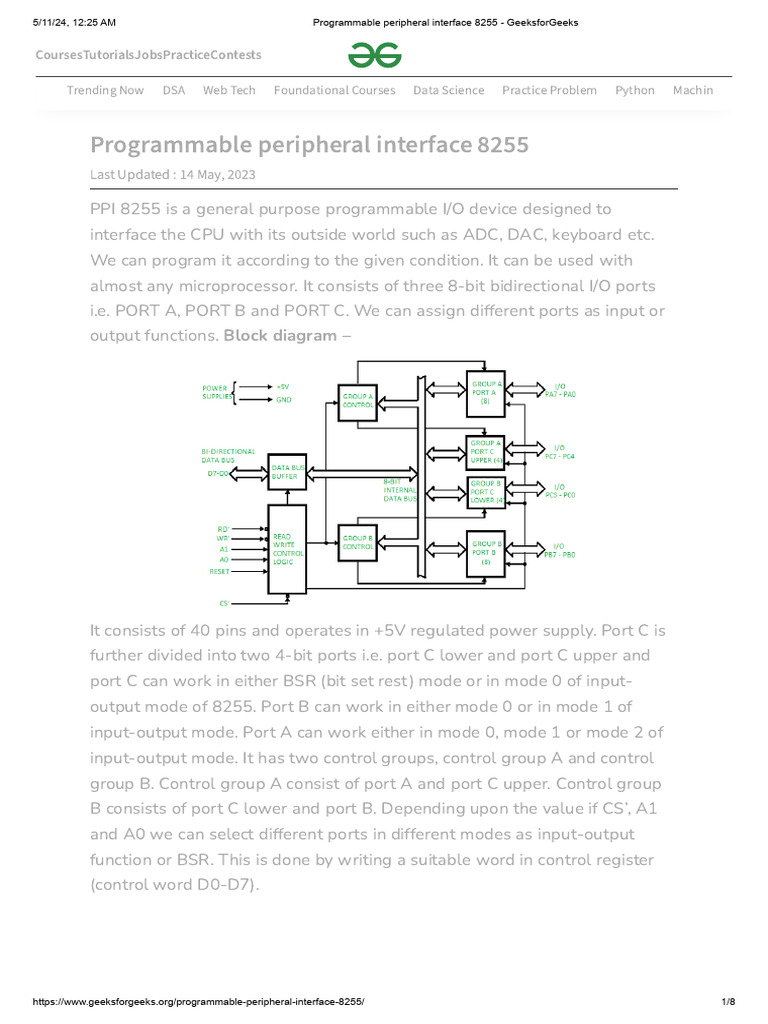 Programmable Peripheral Interface 8255: Last Updated: 14 May, 2023 | PDF | Computer Engineering ...