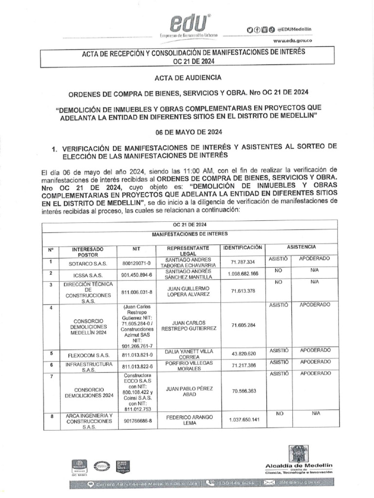 Acta de Recepción de Ofertas y Consolidación de Oferentes OC 21-2024 | PDF