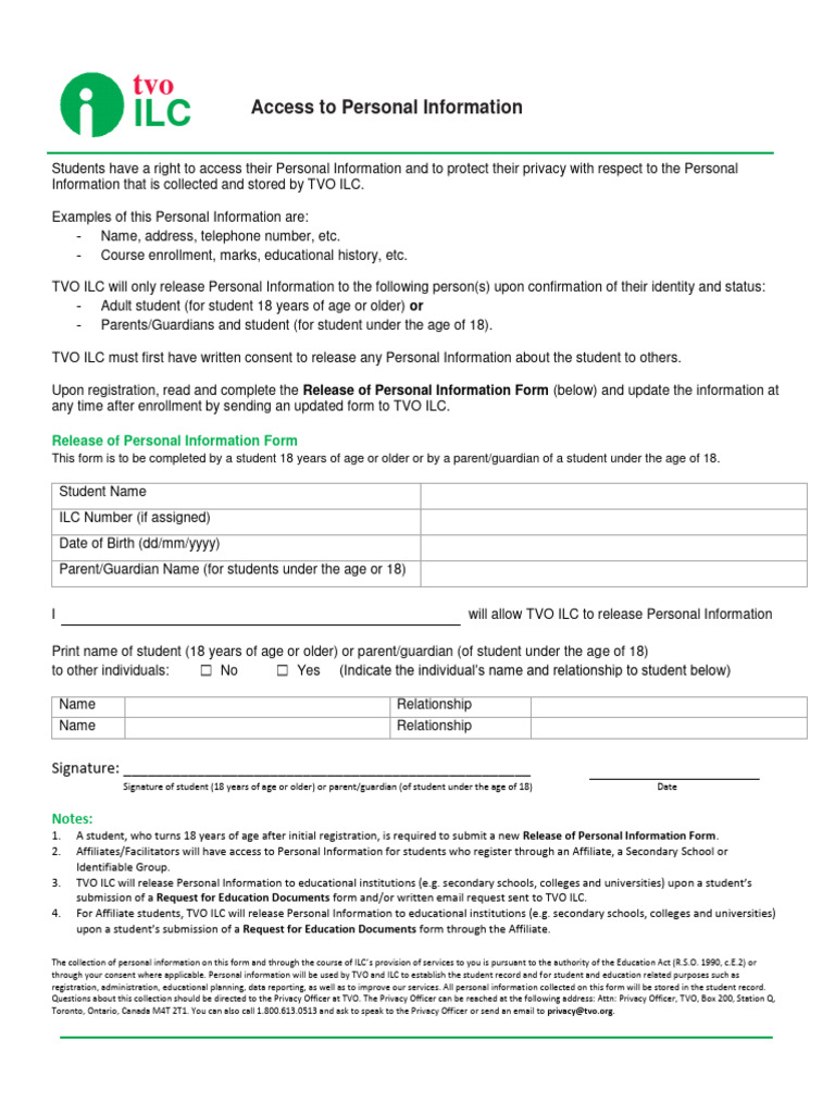 Ilsc High School Tvo Ilc Student Release of Information Form | PDF