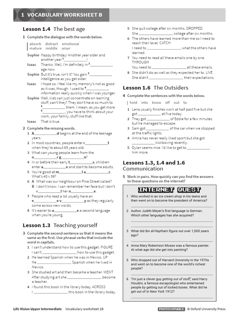 Life Vision Upper Int Vocab Worksheet B U1 | PDF | Linguistics | Human Communication