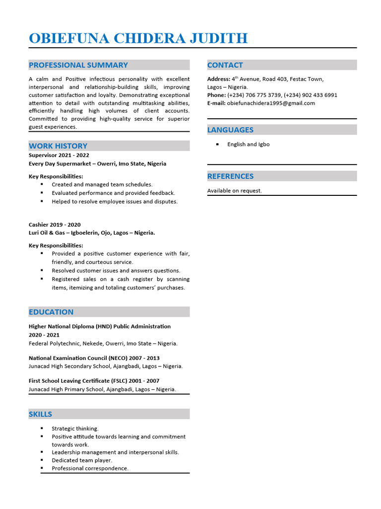 Obiefuna Chidera Judith's Resume | PDF