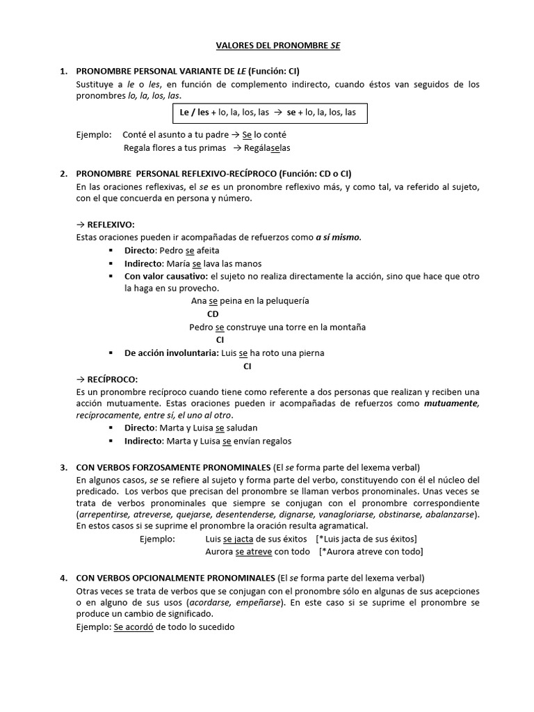 Valores Del Pronombre Se | PDF | Verbo | Asunto (gramática)