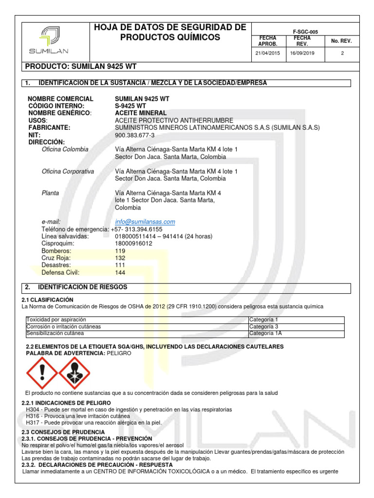 Fds Sumilan 9425 Wt-1 | PDF | Agua | Dióxido de carbono