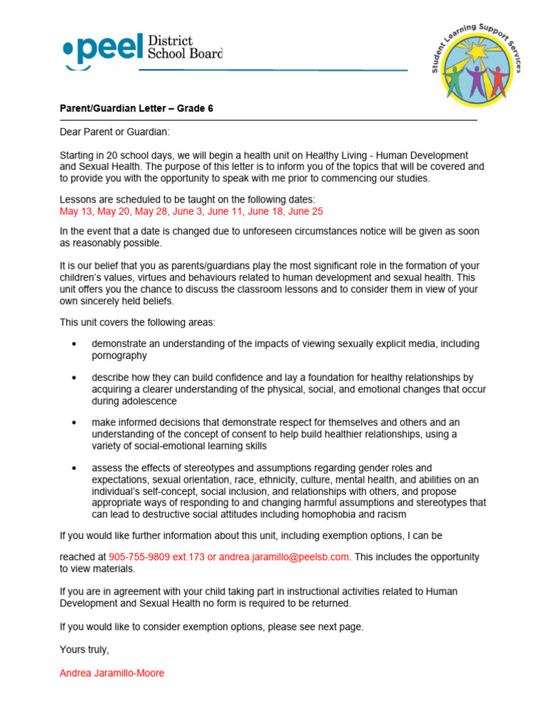 HDSH Information-Exemption Letter - Ms Jaramillo-Moore Grades 6-7 | PDF ...