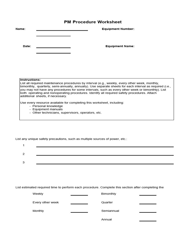 PM Procedure Maintenance Worksheet | PDF | Technology & Engineering