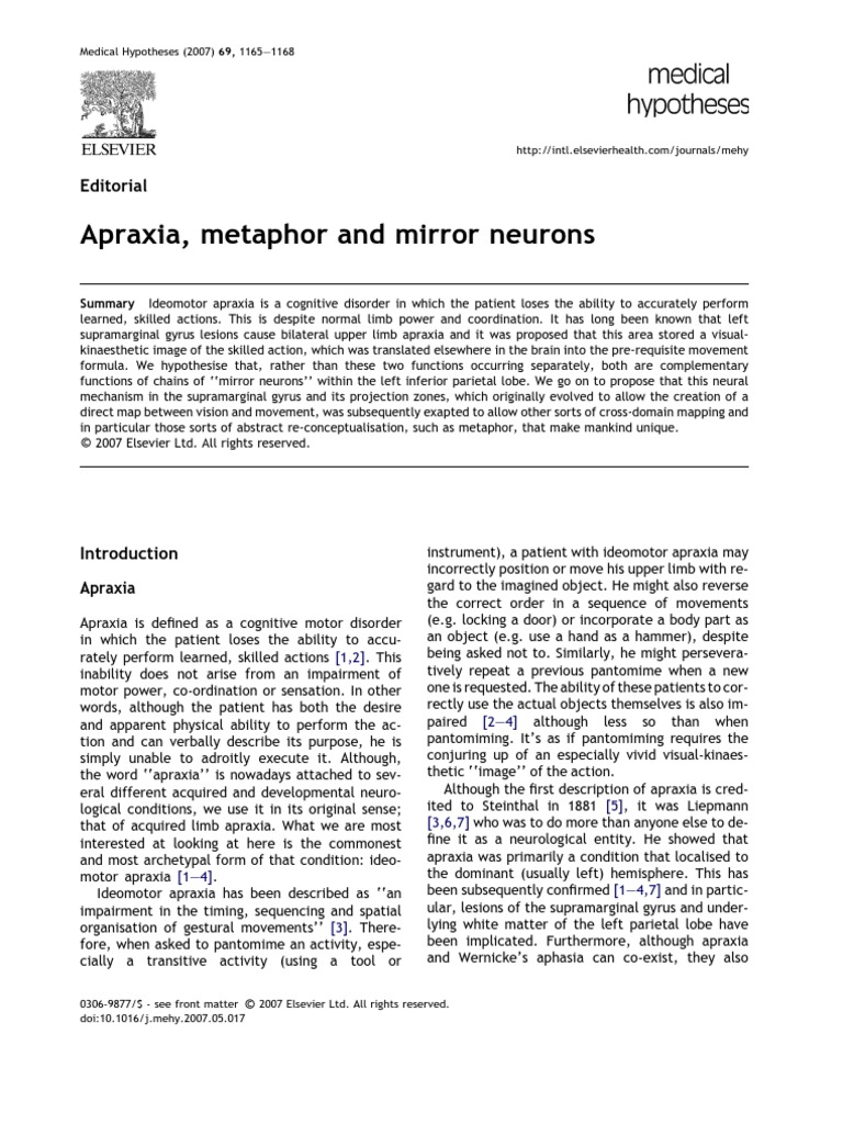 Apraxia, Metaphor and Mirror Neurons: Editorial | PDF