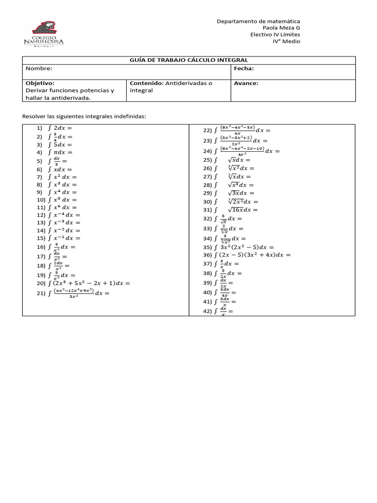 Guía de Integrales 1 | Descargar gratis PDF | Integral | Análisis ...