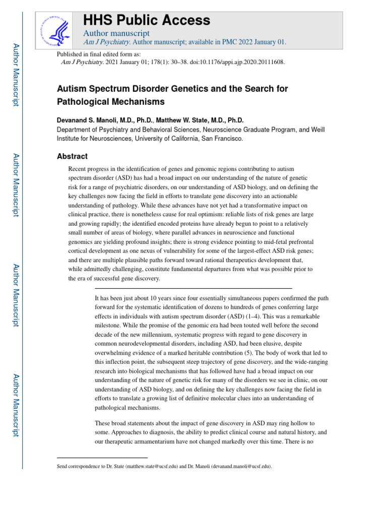 Autism Spectrum Disorder Genetics and the Search for Pathological Mechanisms | PDF | Mutation ...