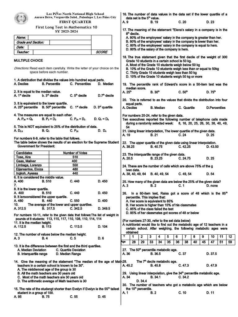 4th 1st Long Test in Mathematics 10 SY 2023 2024 | PDF | Percentile ...