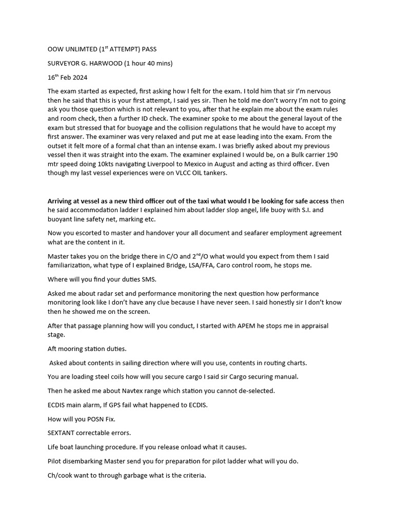 OOW (Unlimited) Orals Report - 2024-02 - Harwood - Pass | PDF ...