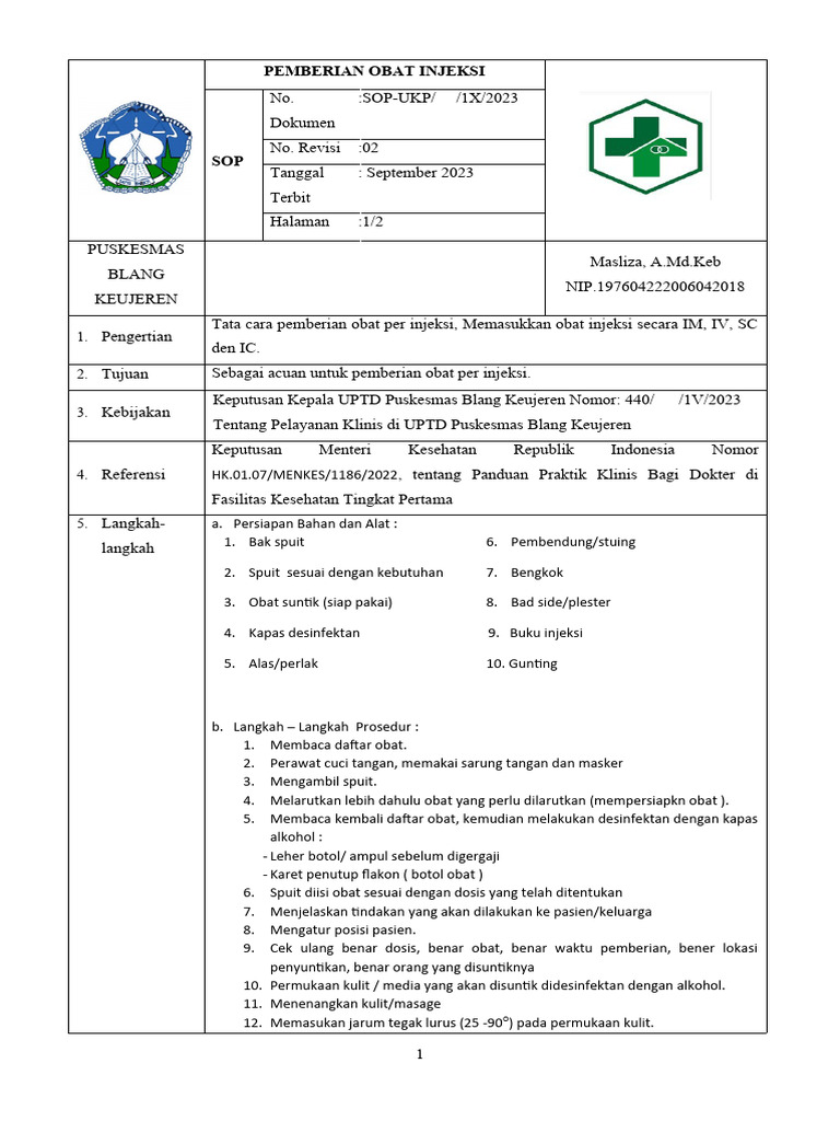 Sop Pemberian Obat Injeksi | PDF