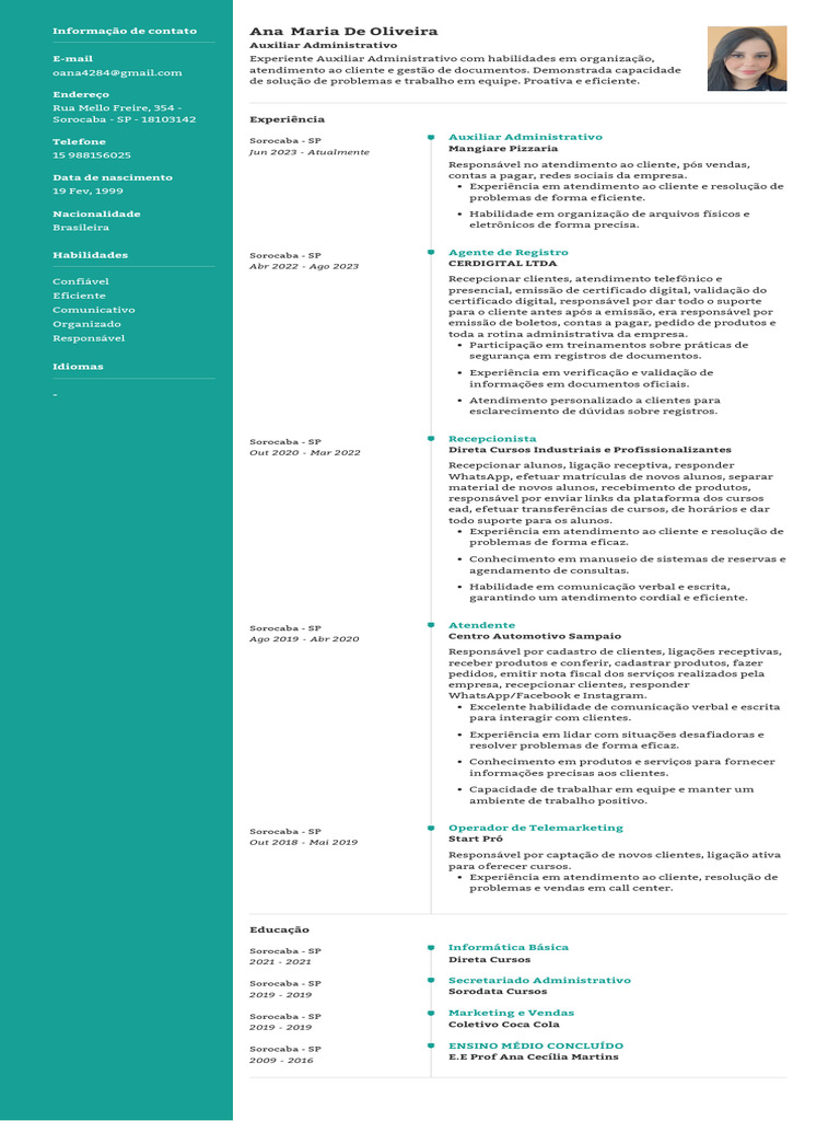 CV Ana Maria de Oliveira. | PDF | Centro de atendimento | Atendimento ...