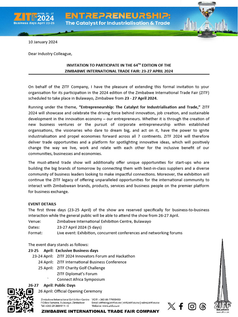 ZITF 2024 Official Invitation Letter | PDF | Entrepreneurship | Zimbabwe ZITF 2024 Official Invitation Letter | PDF | Entrepreneurship | Zimbabwe