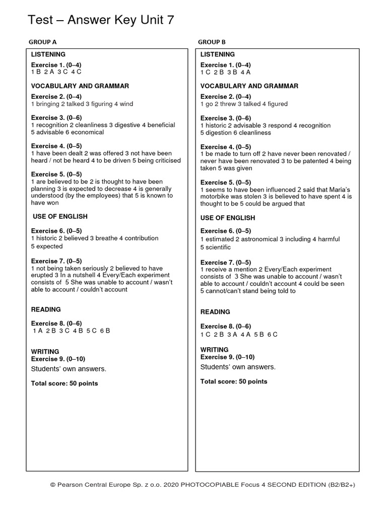 Focus 4 Unit 7 Test Answer Key | PDF