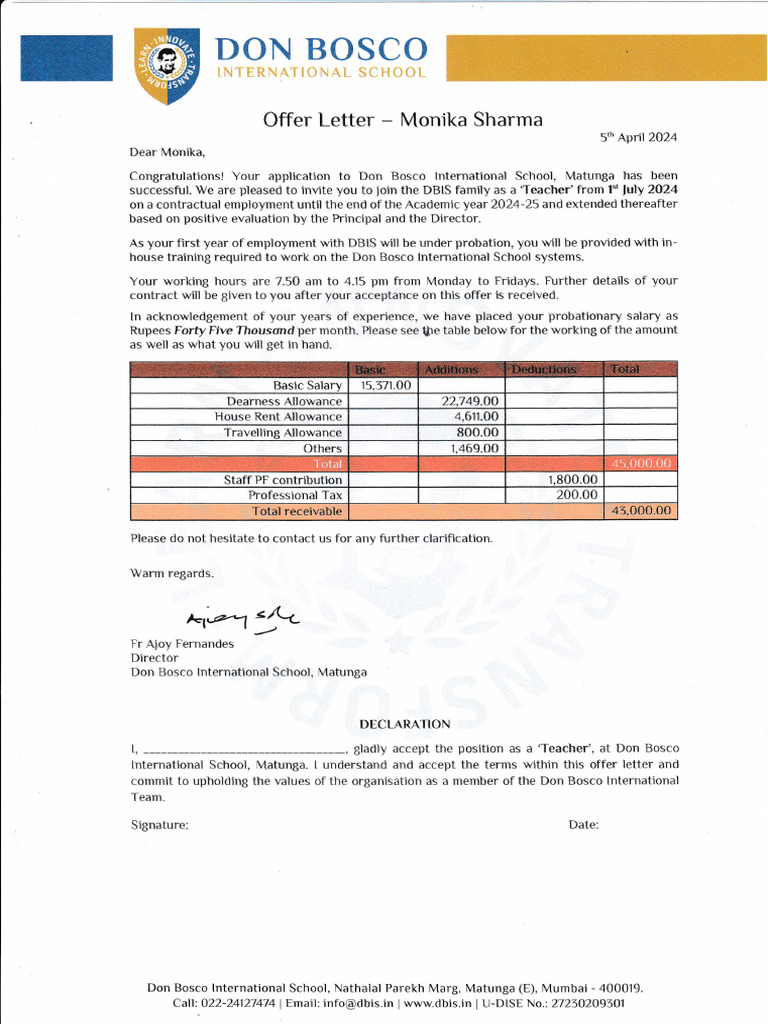 CBSC Scool Offer Letter | Download Free PDF | Business Law | Business