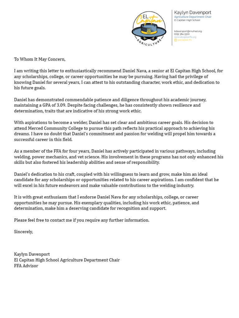 Daniel Nava Letter of Rec | PDF | Career & Growth