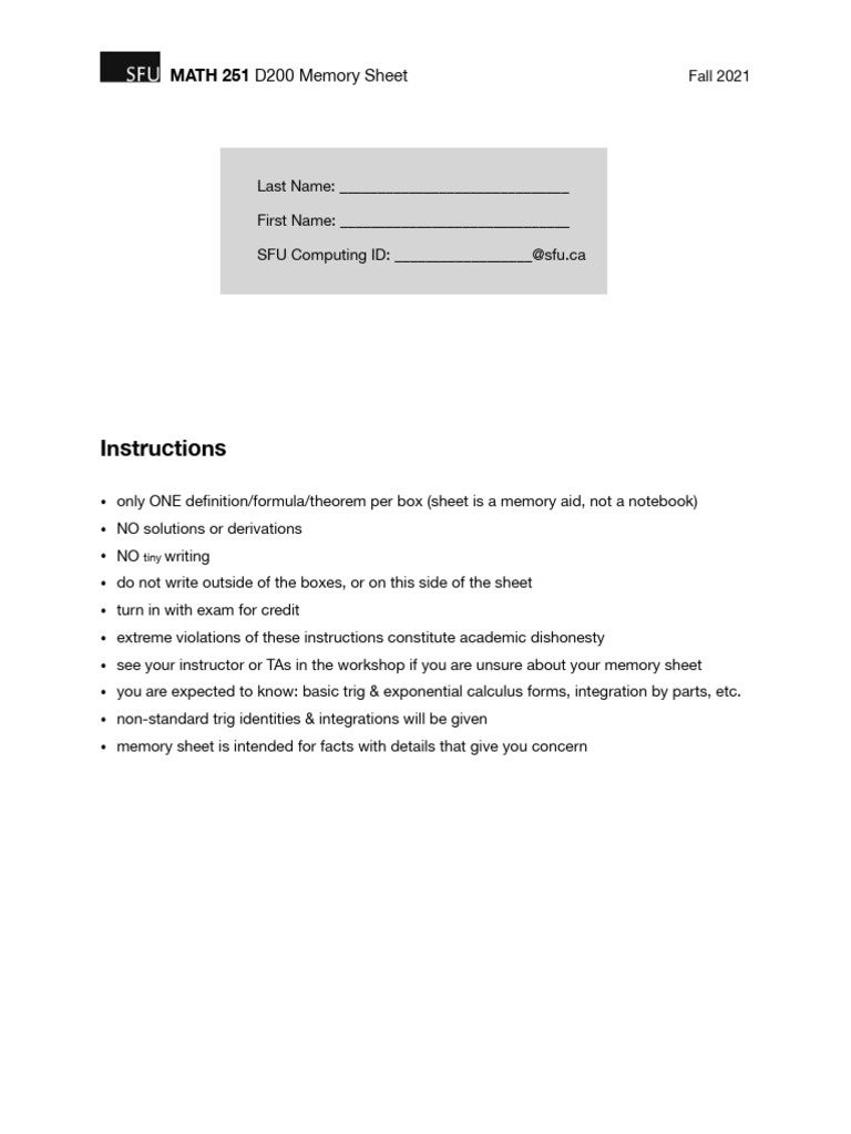 251 Memory Sheet-full | PDF | Integral | Calculus