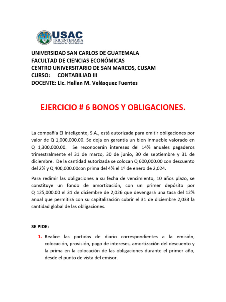 Ejercicio # 6 Bonos y Obligaciones - 240219 - 164501 | PDF | Interés ...