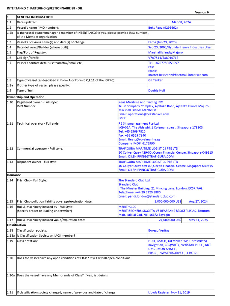Beks Renz - Q88 V6 (Oil) - 08mar2024 | PDF | Tonnage | Ships