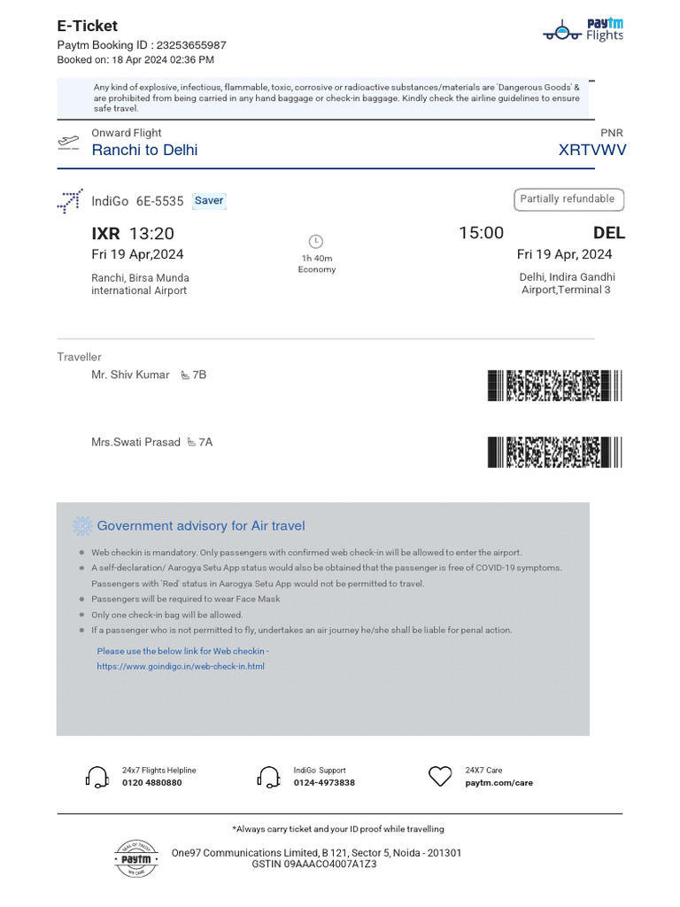 IndiGo Flight Ticket and Guidelines | PDF | Aviation