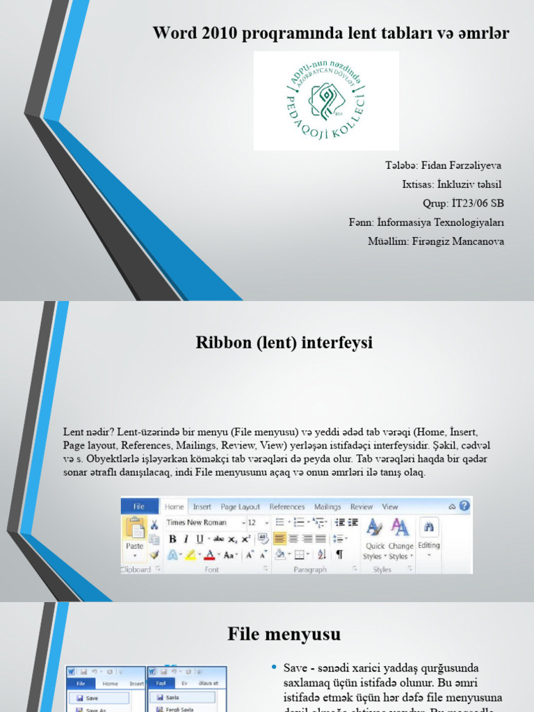 Fidan Fərzəliyeva. Word 2010 Proqramında Lent Tabları VƏ ƏMRLƏR | PDF