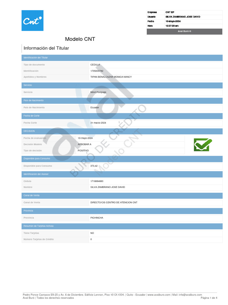 Modelo CNT TIPAN BENALCAZAR MONICA NANCY 1705830782 10052024 1227 | PDF | Crédito | Finanzas y ...