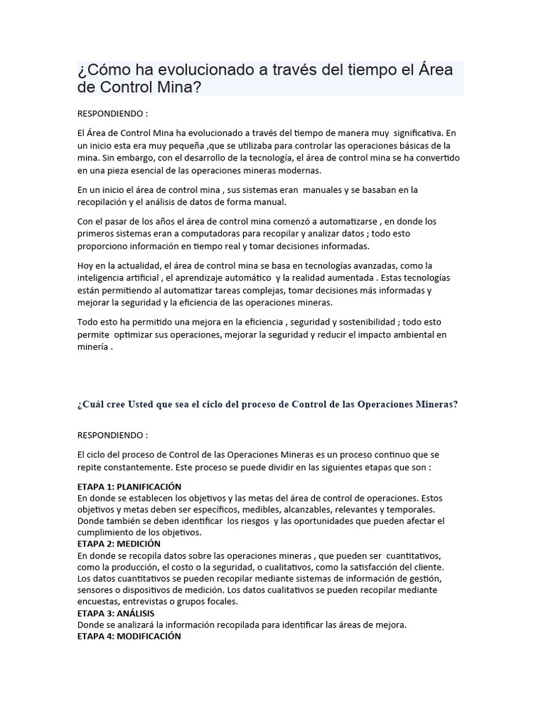 Cómo ha evolucionado a través del tiempo el Área de Control Mina | PDF ...