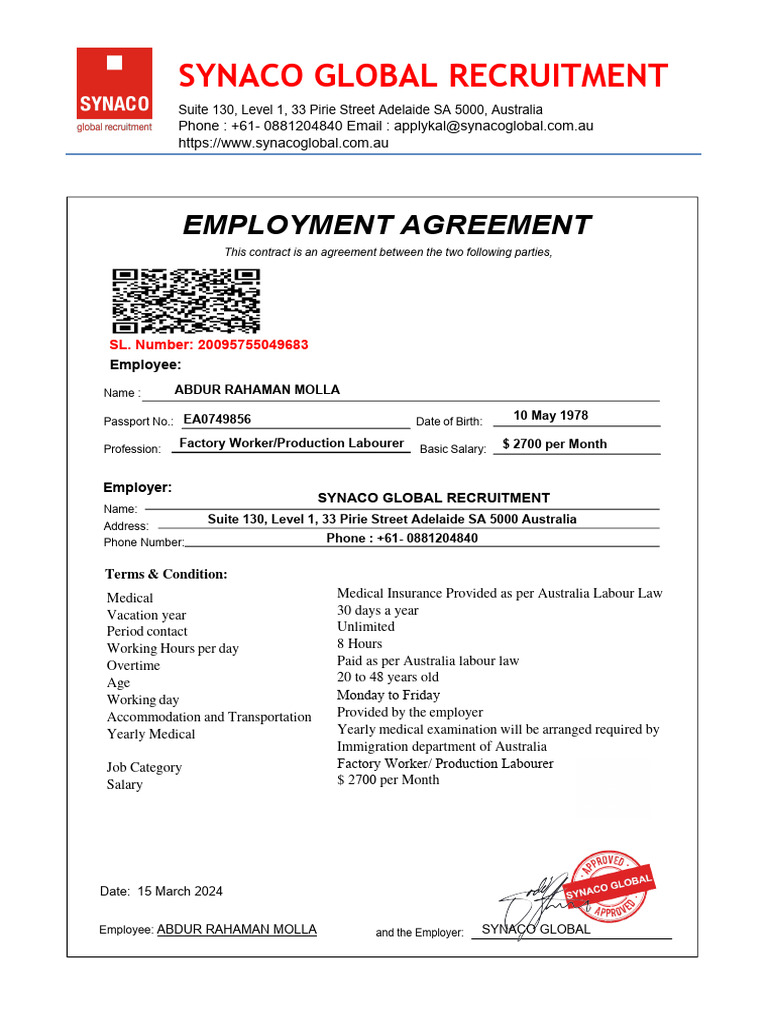 Abdur Rahaman Molla - Work Agreement-1710500759 | PDF | Employment | Overtime