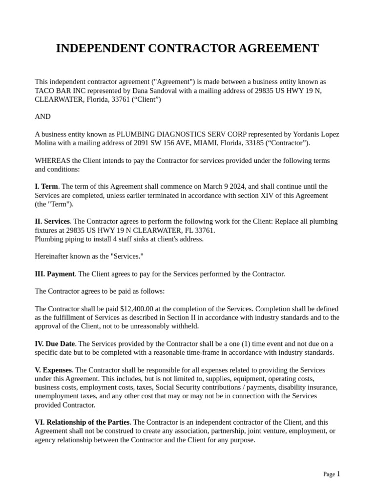 Florida Contractor Agreement | PDF | Indemnity | Employment