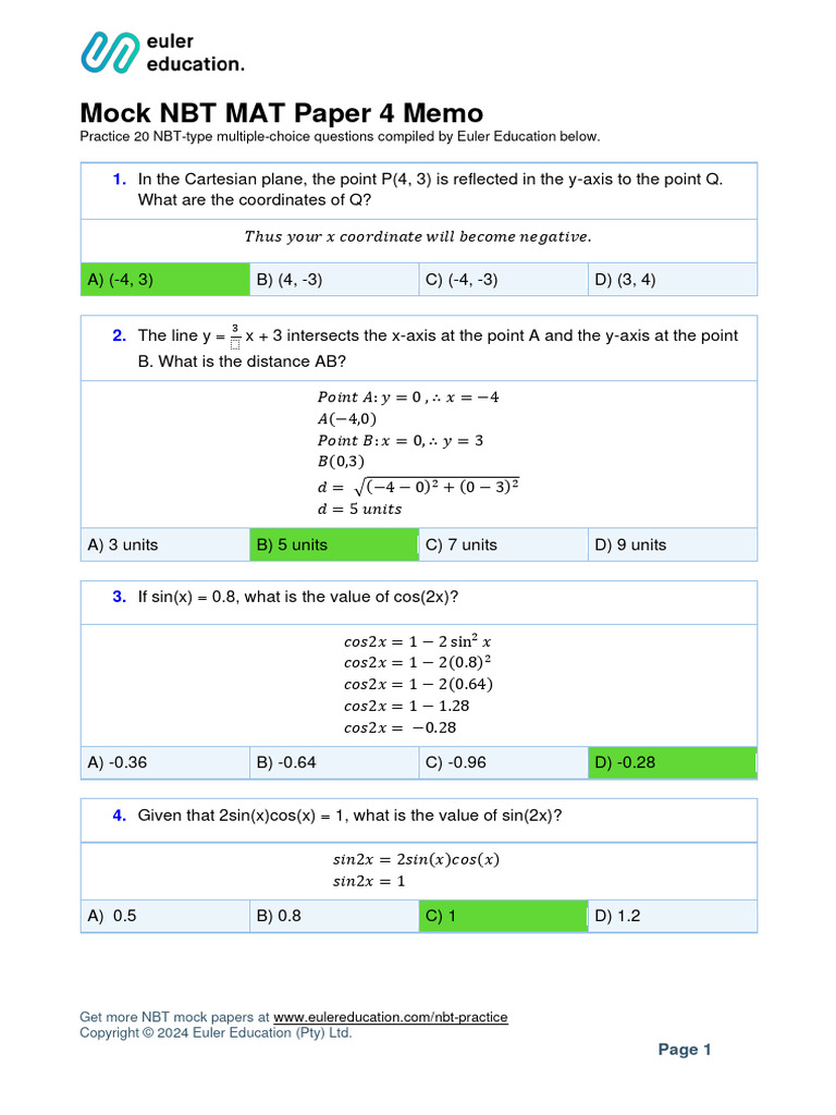 NBT MAT Paper 4 Memo | PDF | Cartesian Coordinate System | Analytic ...