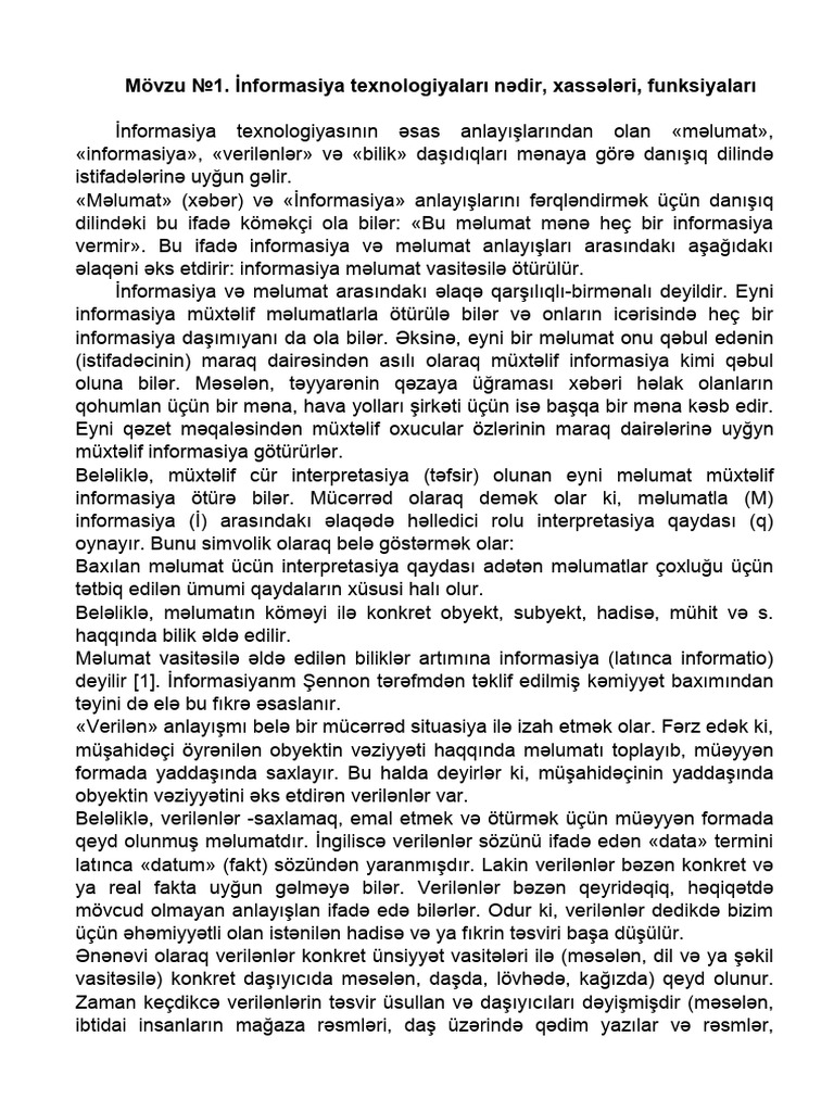 Mövzu 1. İnformasiya Texnologiyaları Nədir, Xassələri, Funksiyaları | PDF