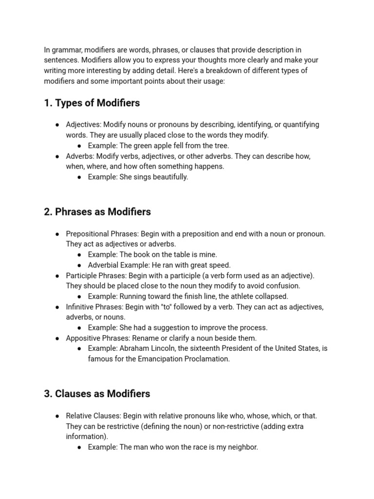 Modifier Notes Grammer | PDF | Adverb | Adjective