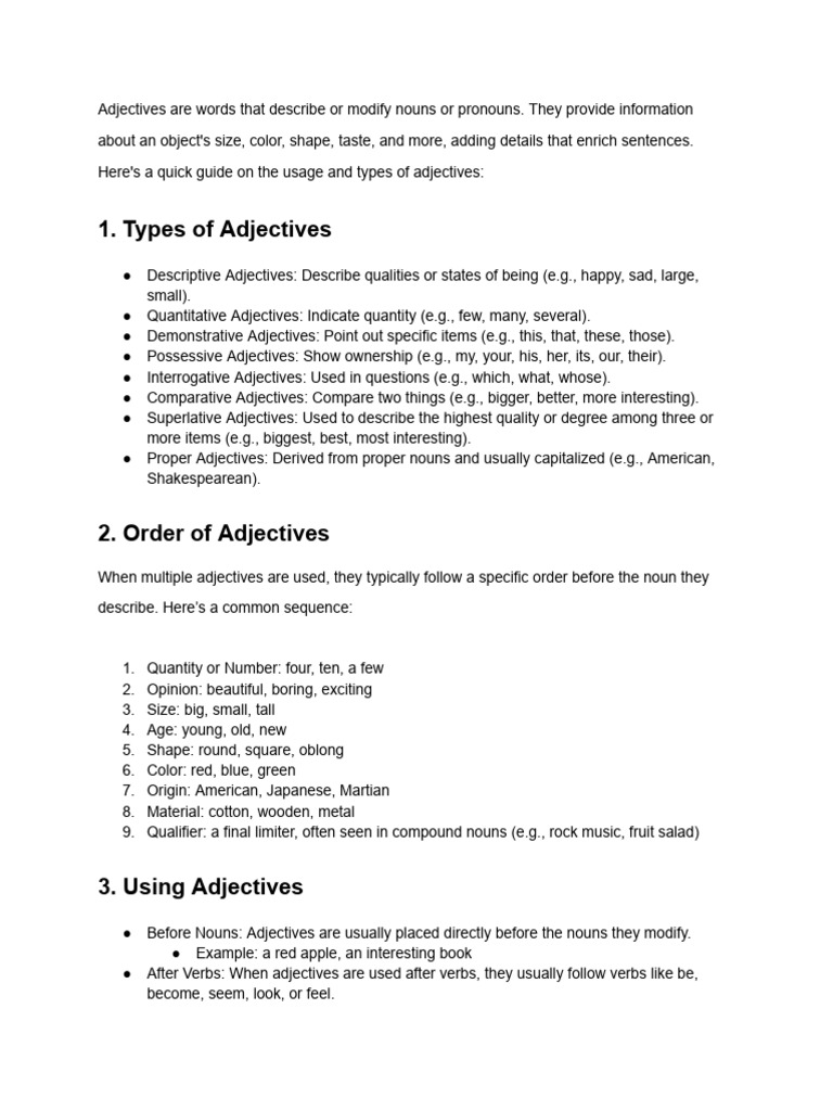 Adjective Notes Grammer | PDF | Adjective | Noun