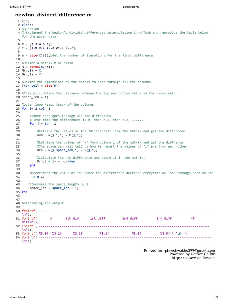 Newton's Divided Differences in MATLAB | PDF | Matrix (Mathematics) | Mathematics Of Computing