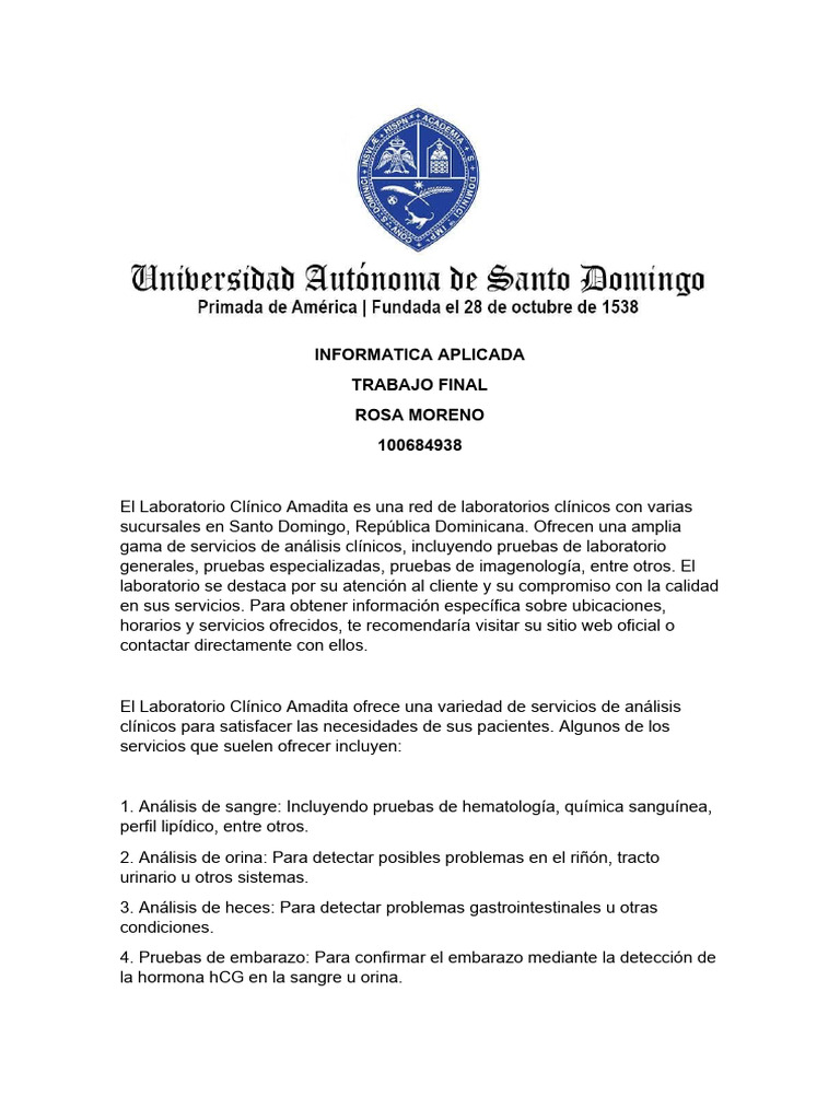 Informatica Aplicada Trabajo Final | PDF | Sangre | Laboratorios