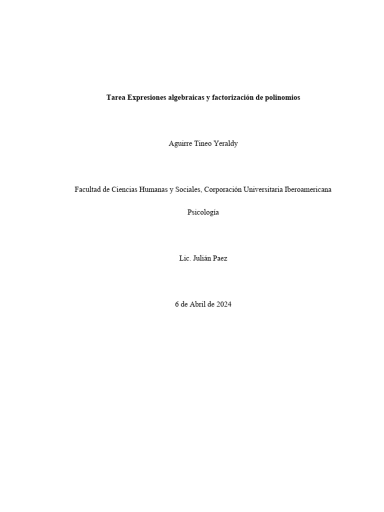 Actividad 2 - Tarea Expresiones Algebraicas y Factorización de Polinomios | PDF