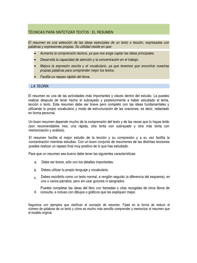 Técnicas para Sintetizar Textos. El Resumen | PDF | Sumario abstracto)