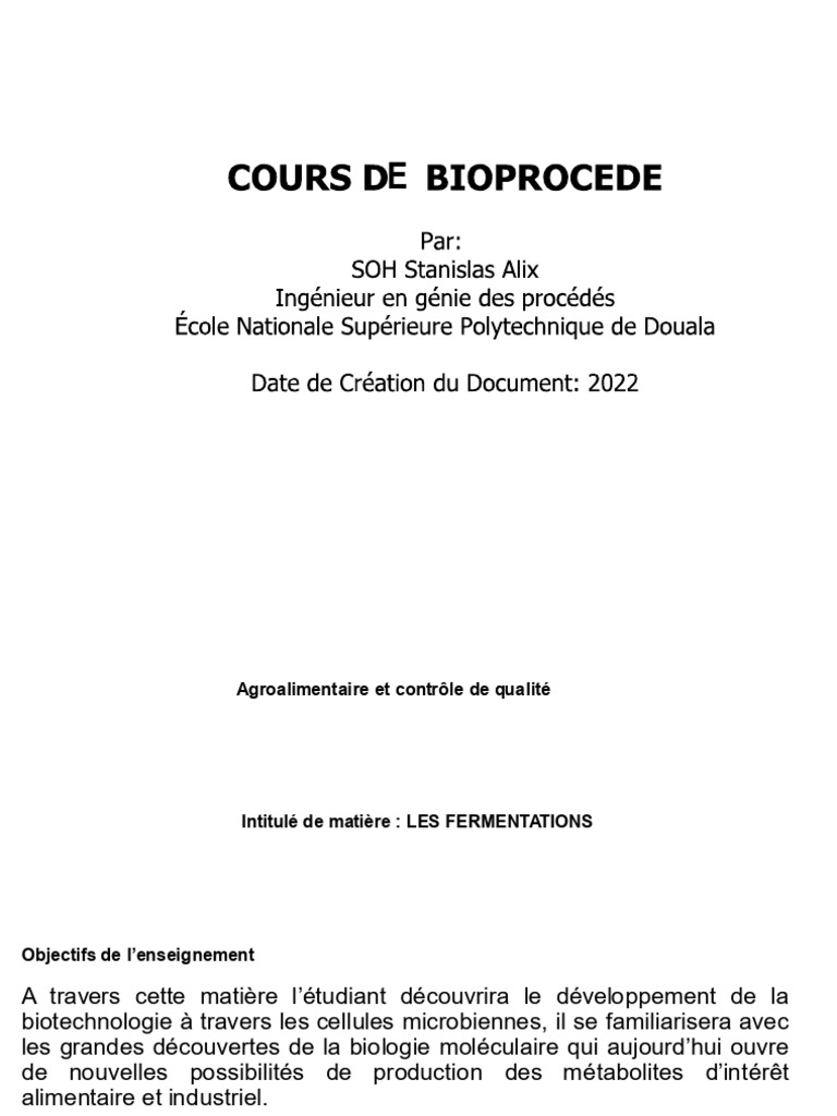 Cours de Bioprocédé | PDF | Fermentation | Levure