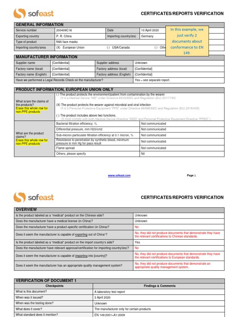 Sofeast N95 Mask Certificate Verification Report Example | PDF ...