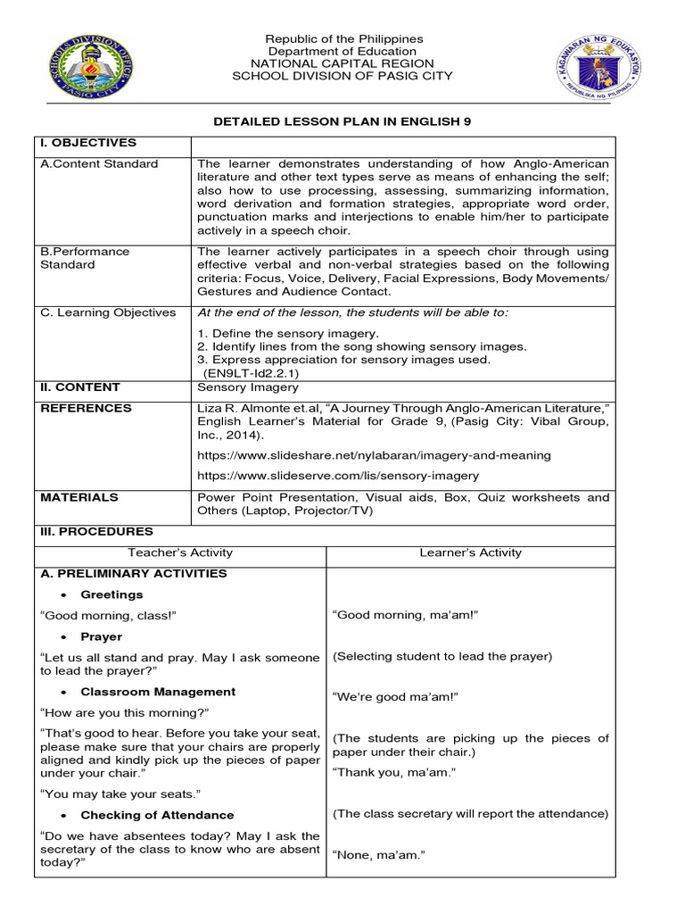 Sensory Imagery Lesson Plan for Grade 9 | PDF | Senses | Taste