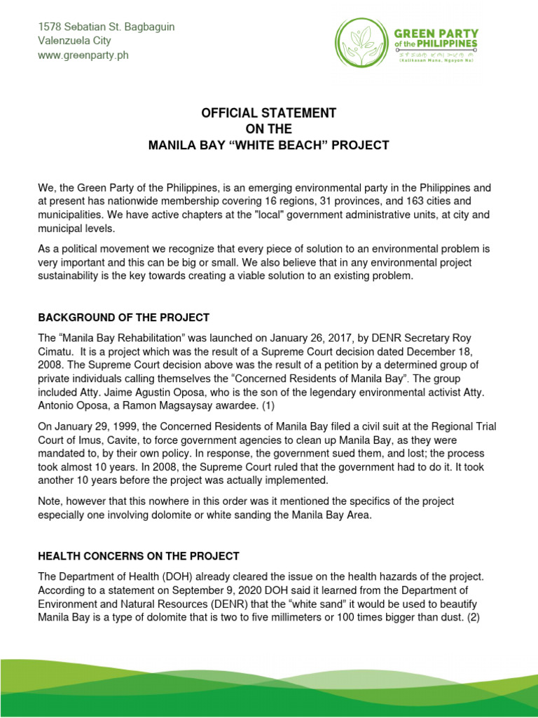GPP Kalikasan Muna Statement Manila White Beach Project Final | PDF | Manila | Natural Environment
