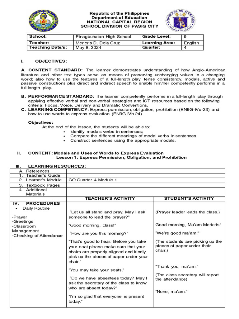 Teaching Modals in English for Grade 9 | PDF | Verb | Sentence ...