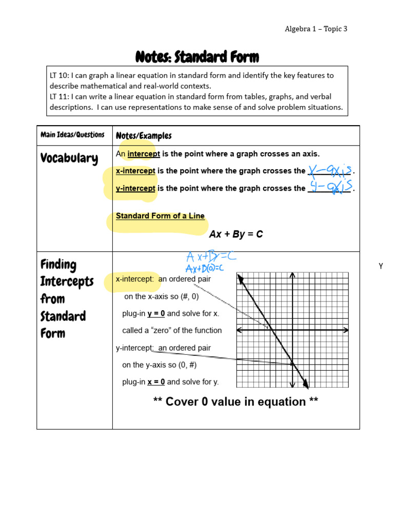 Standard Form Linear Equations Notes | PDF | Equations | Algebra