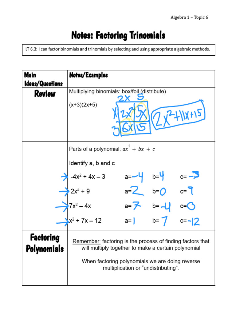 Factoring Trinomials Notes F22 | PDF | Polynomial | Factorization