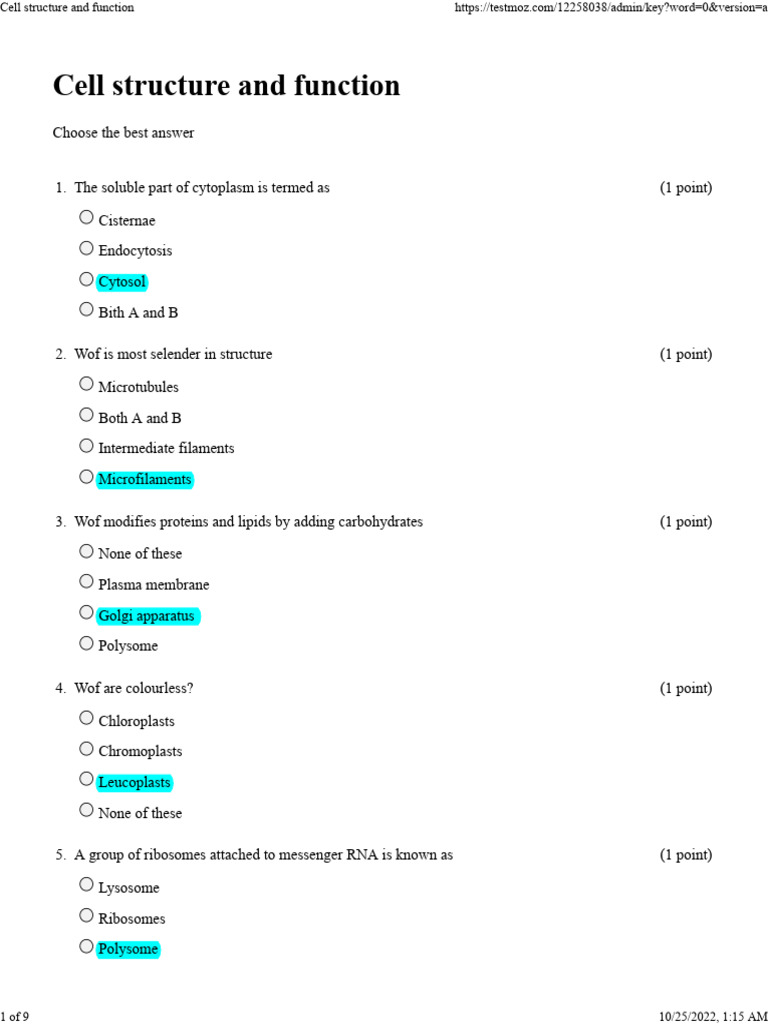 Cell Structure and Function Quiz | PDF | Endoplasmic Reticulum | Cell ...