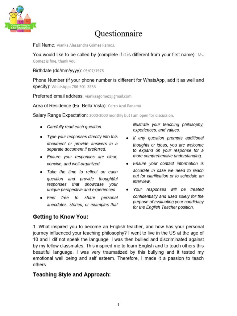 Questionnaire - English Teachers Fillable | Download Free PDF ...